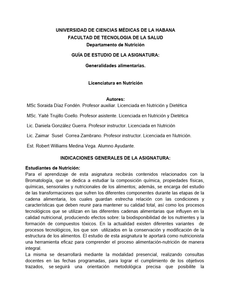 Guía de Estudio Generalidades Alimentarias | PDF | Alimentos | Nutrición