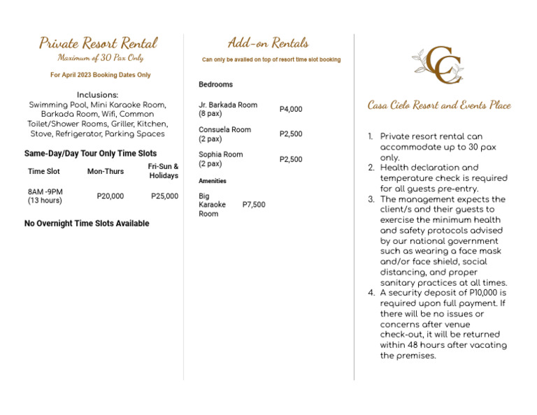 Casa Cielo Private Resort Rental Rates | PDF
