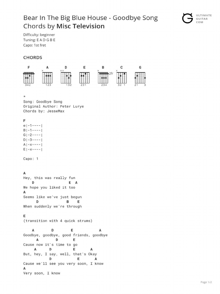 Bear in The Big Blue House - Goodbye Song Chords | PDF