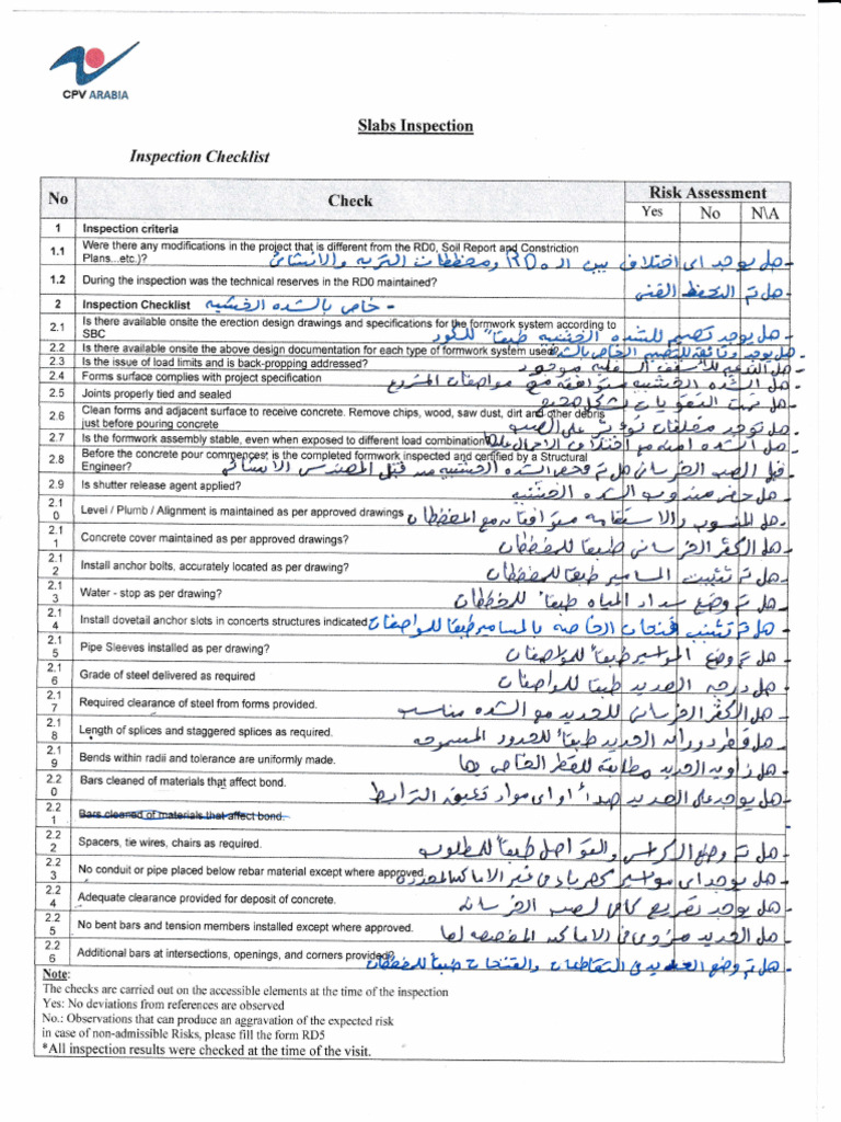 Slab Checklist Translation in Arabic | PDF | Industrial Processes ...