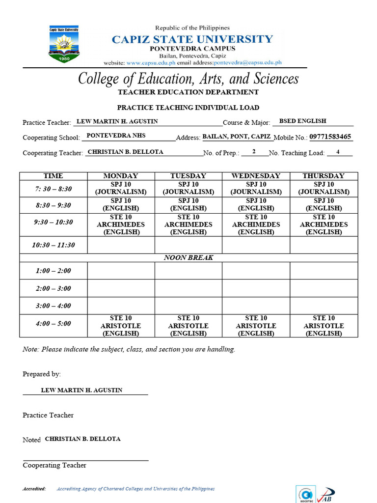 Student Teaching Individual Load | PDF | Educational Stages | Academia