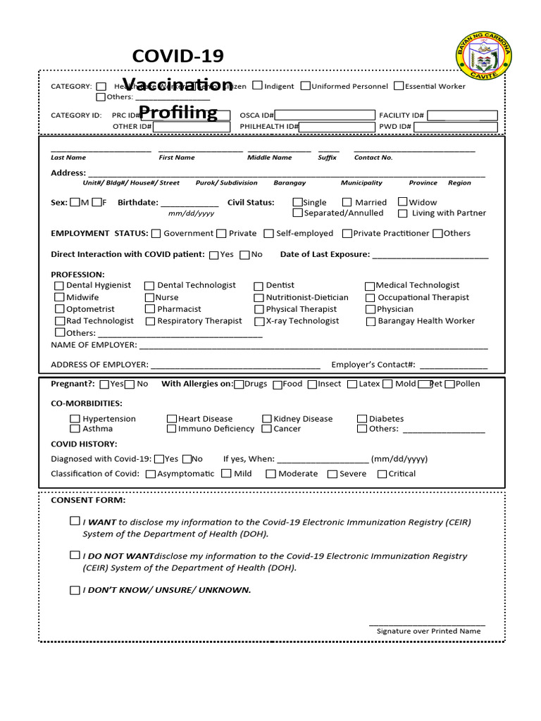 COVID-19 Vaccination Profiling Form | PDF | Health Professional | Public Services
