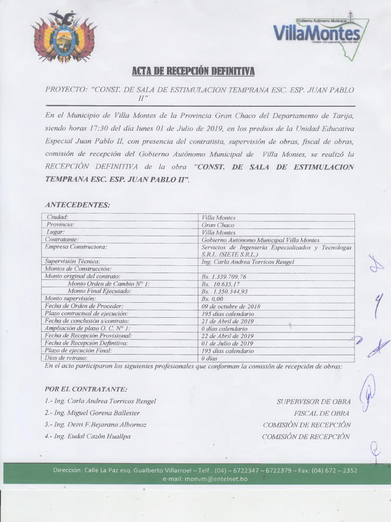 Acta de Recepcion Definitiva | PDF Acta de Recepcion Definitiva | PDF