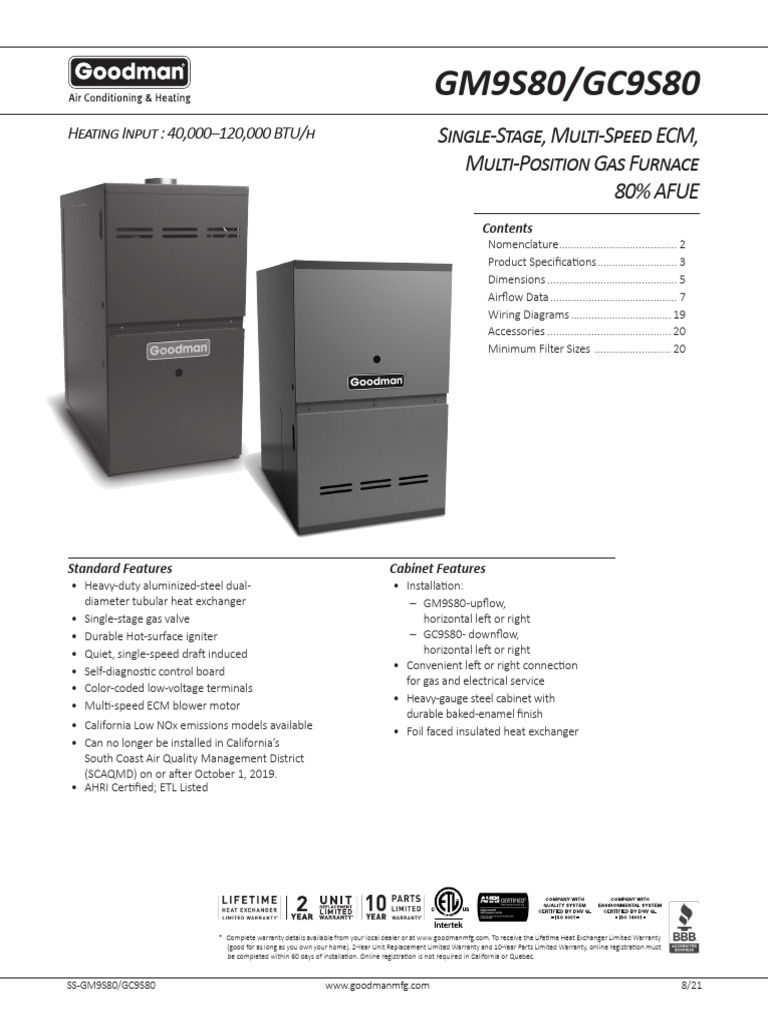 Goodman gm9s80 Specifications Sheet | PDF | Manufactured Goods | Equipment