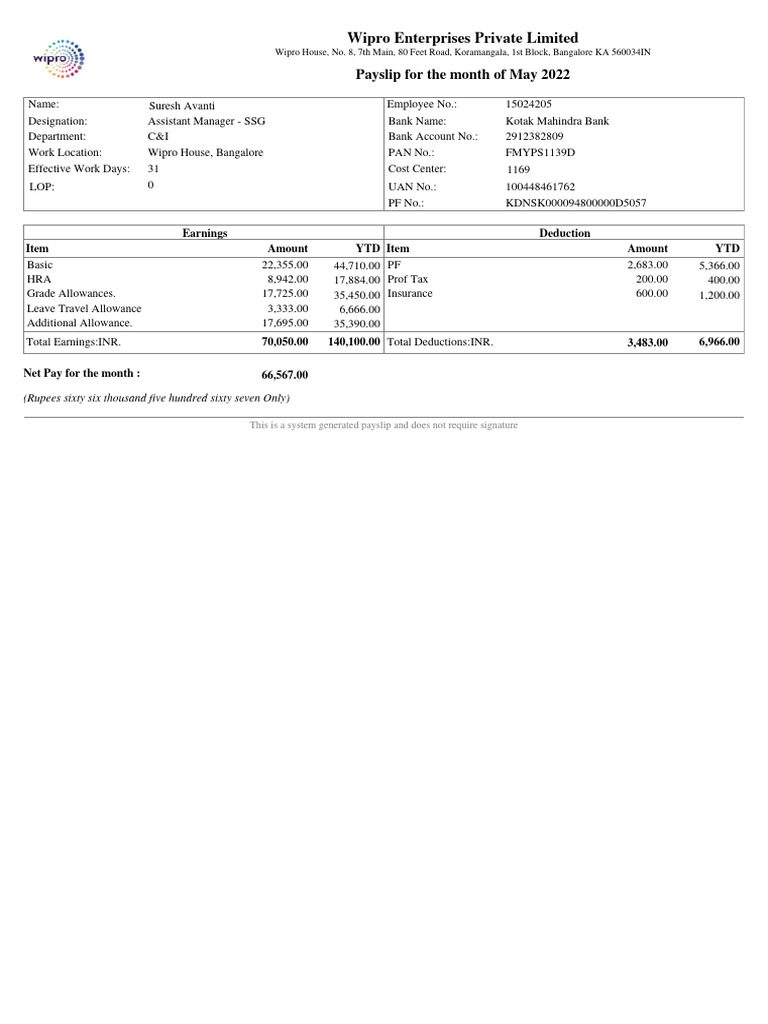 Payslip May 2022 WIPRO | PDF | Paycheck | Services (Economics)