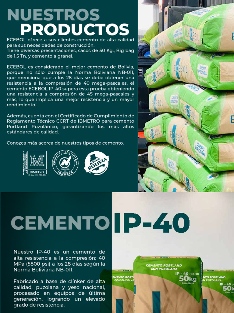 Cemento ECEBOL IP-40: Alta Resistencia | PDF | Cemento | Hormigón