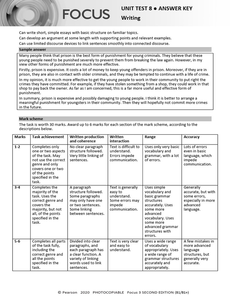 Focus3 2E Unit Test Writing Unit8 ANSWERS | PDF | Punishments | Prison