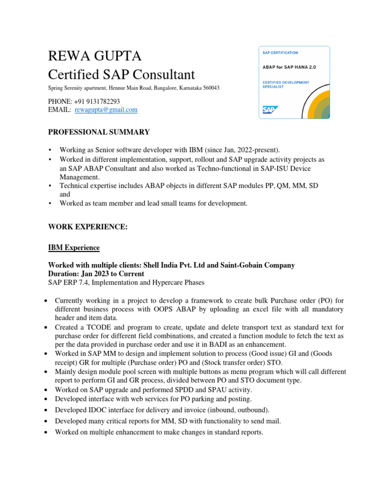 Rewa Gupta: SAP ABAP Consultant Profile | PDF | Information Technology ...