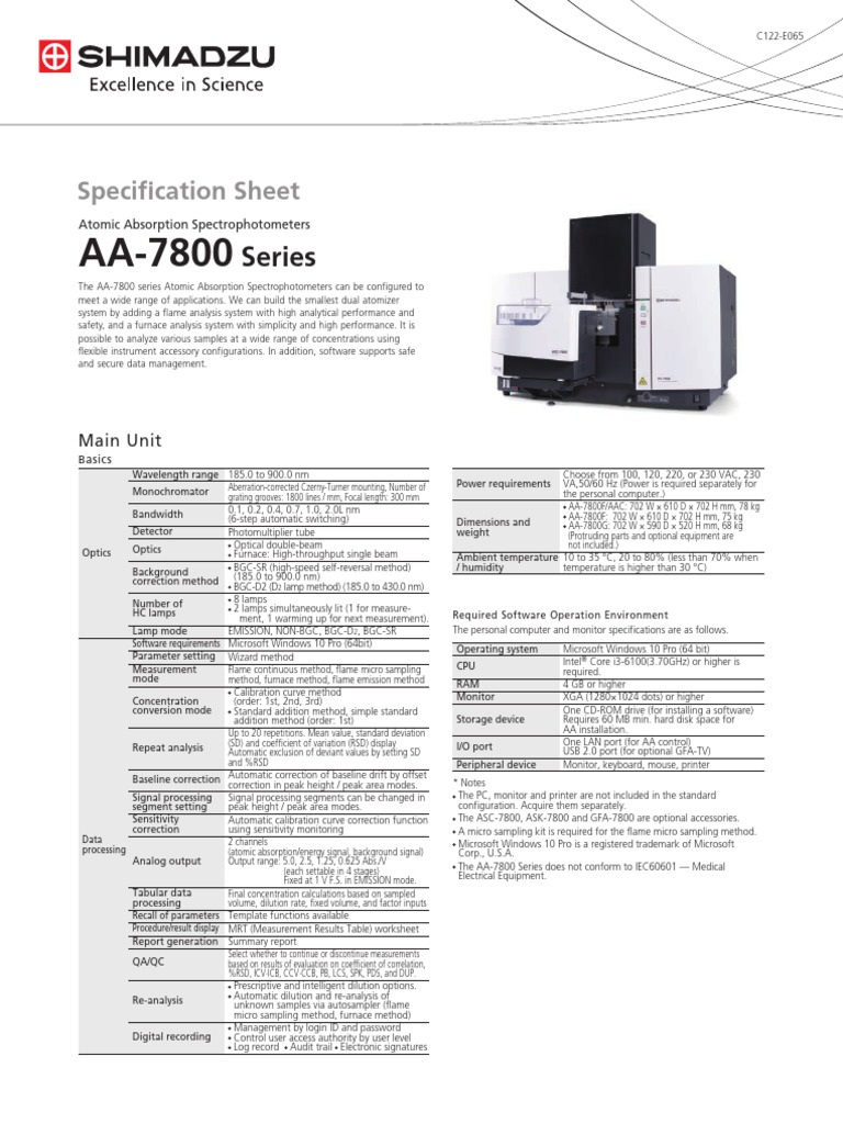 Shimadzu AA-7800 Series Full Spec Sheet | PDF | Atomic Absorption ...
