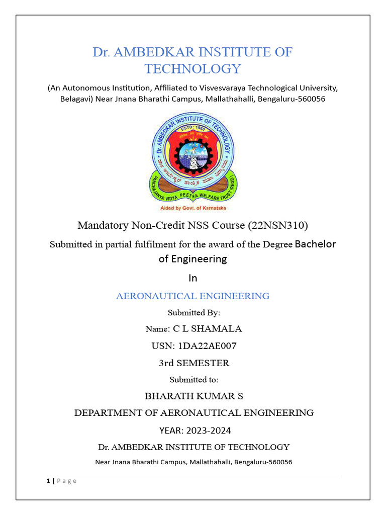 Dr. Ambedkar Institute of Technology: Mandatory Non-Credit NSS Course (22NSN310) Bachelor of ...