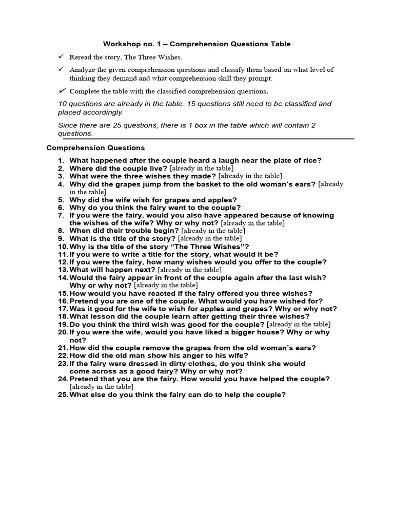 Comprehension Questions for "The Three Wishes" | PDF | Cognition | Learning