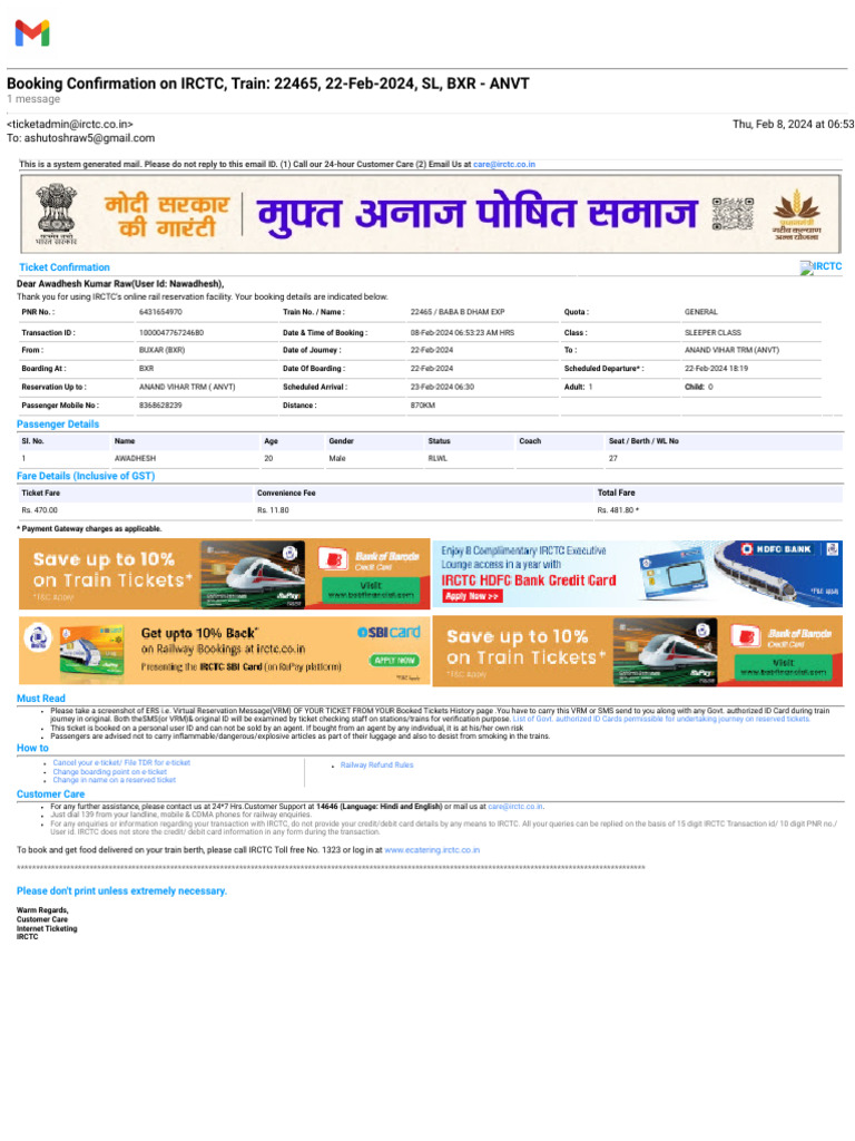Gmail - Booking Confirmation On IRCTC, Train - 22465, 22-Feb-2024, SL, BXR - ANVT | PDF ...