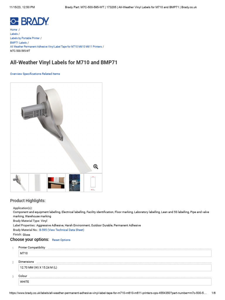 Brady Part - M7C-500-595-WT - 173205 - All-Weather Vinyl Labels For ...