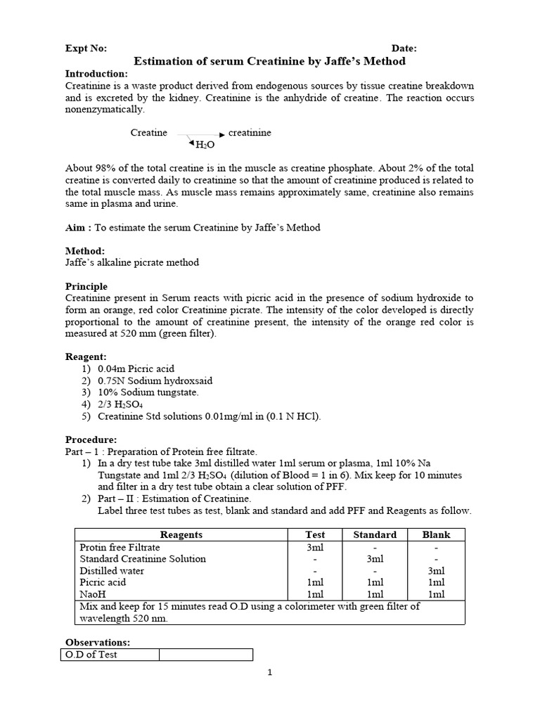 Estimation of Serum Creatinine by Jaffe's Method | PDF | Creatinine ...