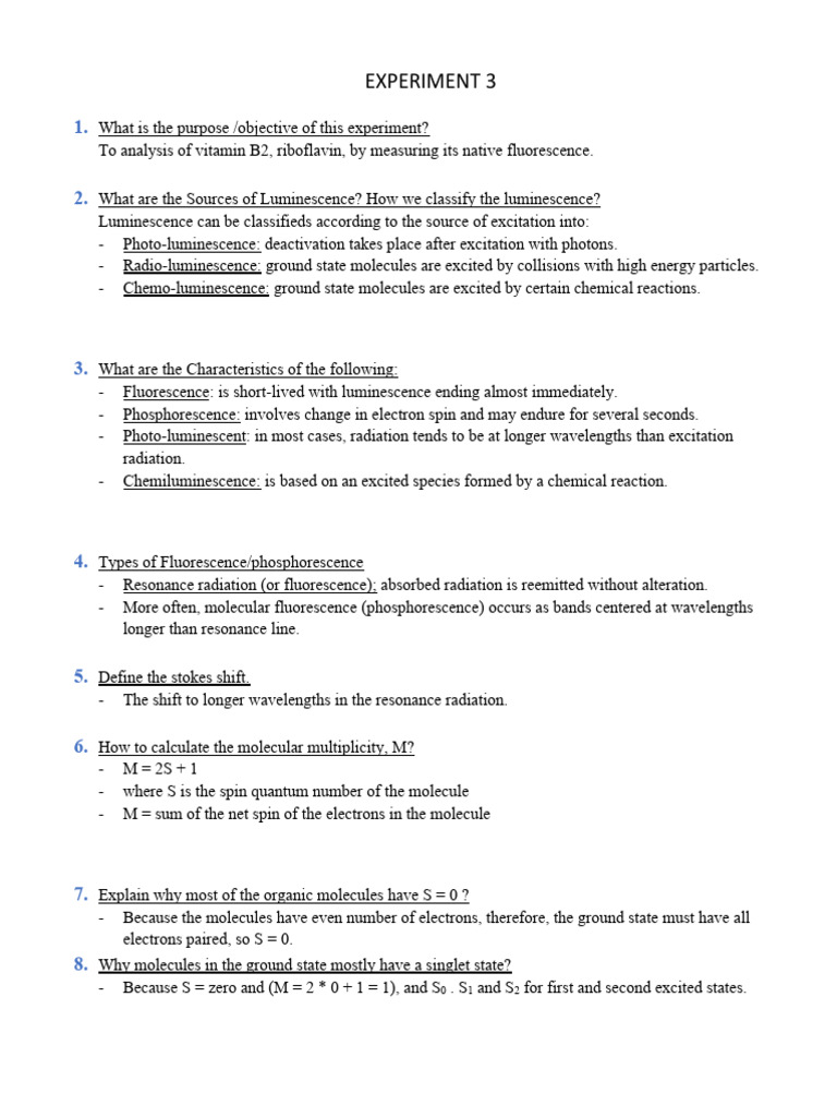Summary of EXP3 | PDF | Fluorescence | Fluorescence Spectroscopy