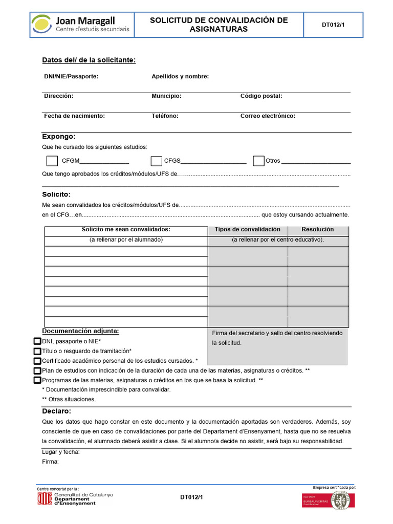 DT012 1 Cast Solicitud-Convalidacion-Asignaturas | PDF | Derecho