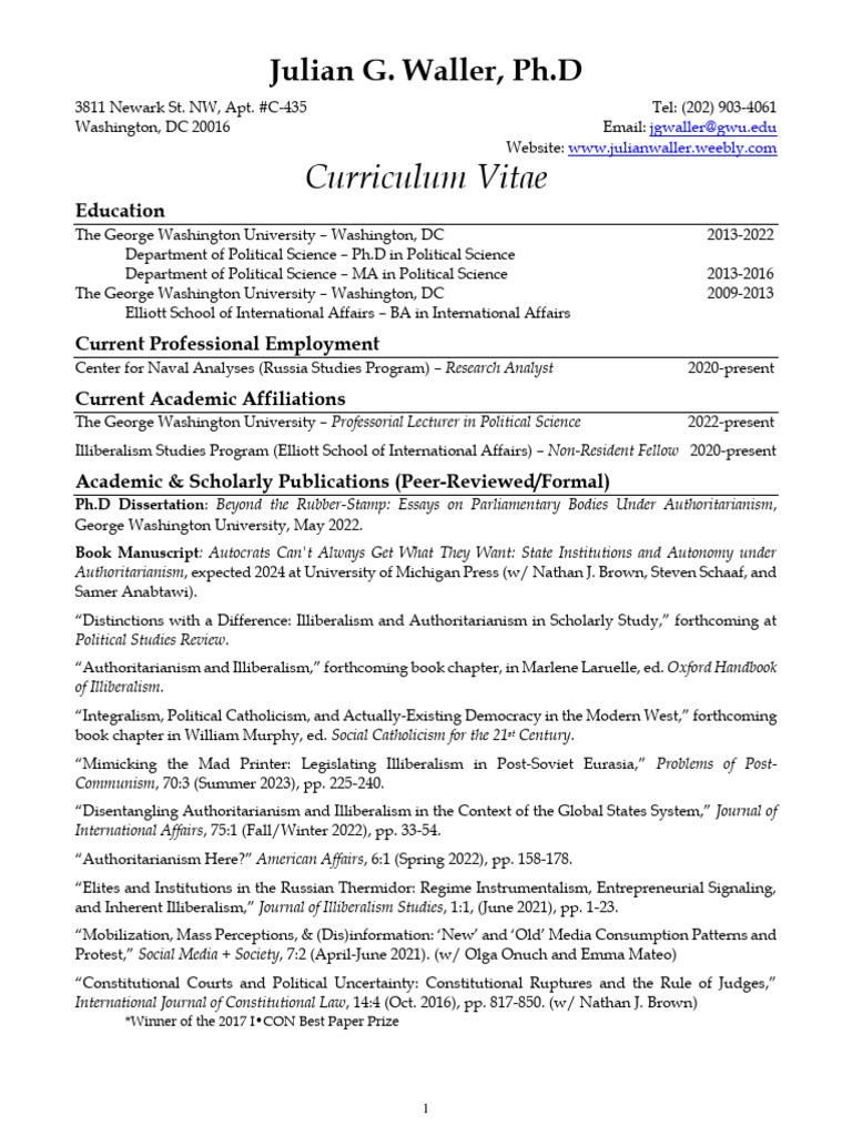 Waller CV February2024 Concise | PDF | Authoritarianism | Russia