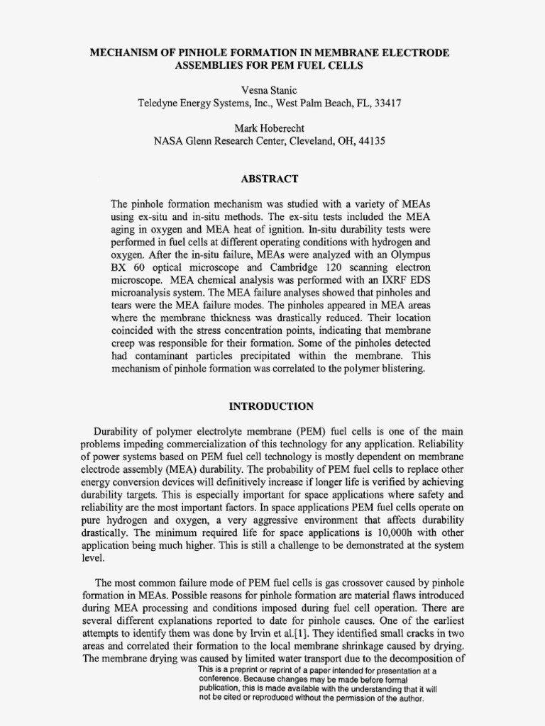 Mechanism of Pinhole Formation in Membrane Electrode Assemblies For Pem ...