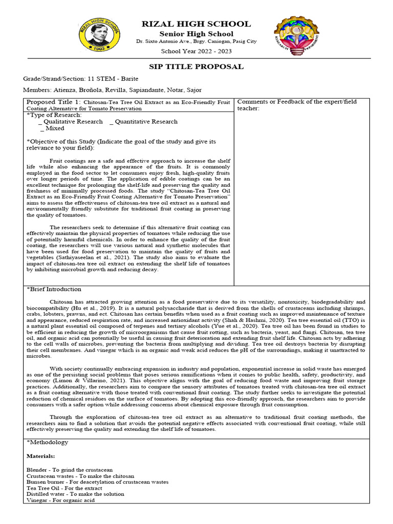 GRP 1 Title 2 Proposal Template Sip | PDF | Tomato | Microorganism