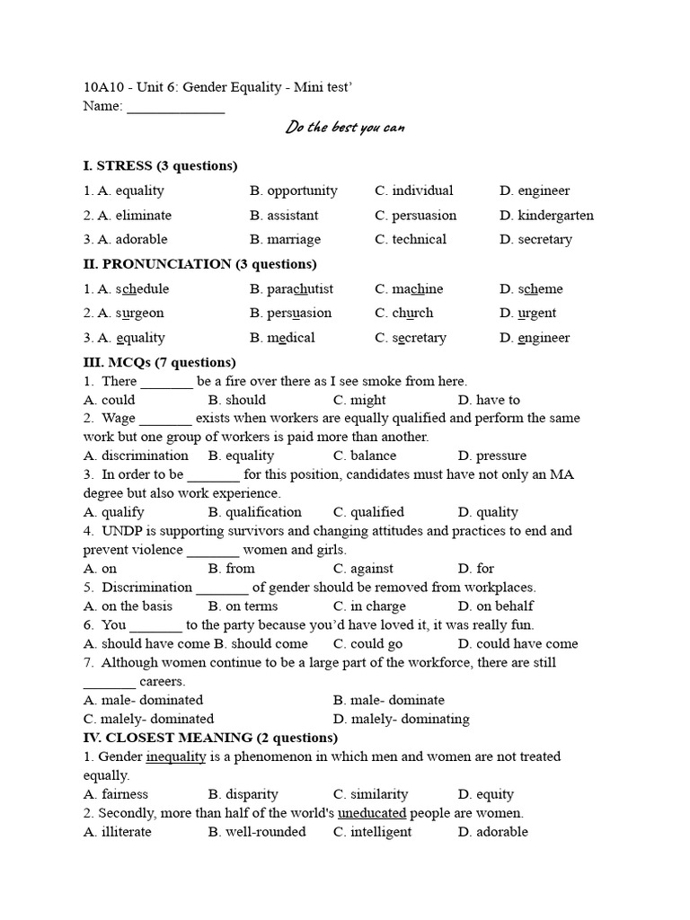 English 10 Unit 6 - Progress Test | PDF | Woman | Gender Equality English 10 Unit 6 - Progress Test | PDF | Woman | Gender Equality