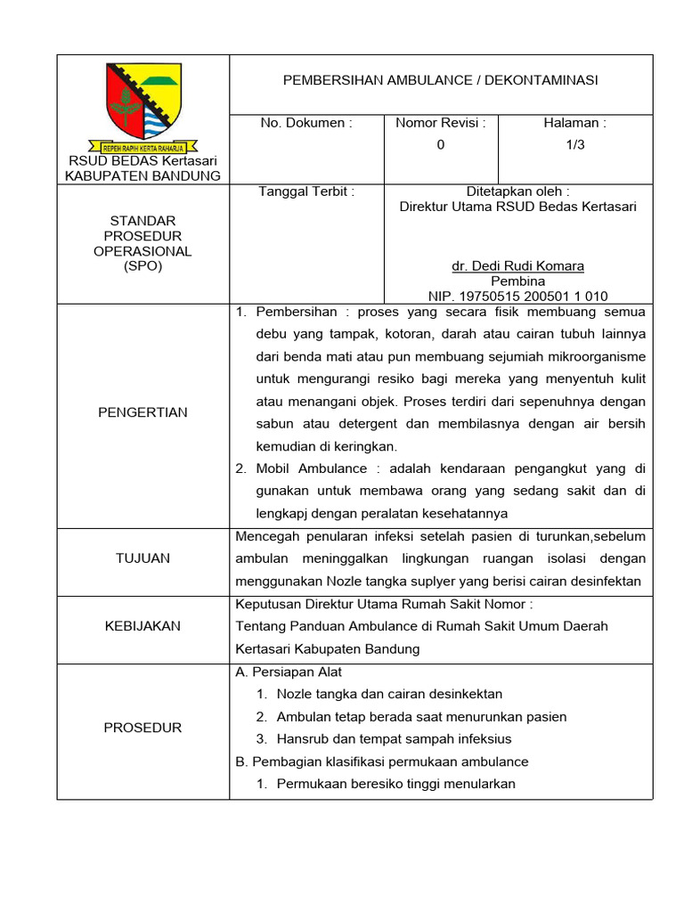 SPO Pembersihan Ambulance Dekontaminasi | PDF