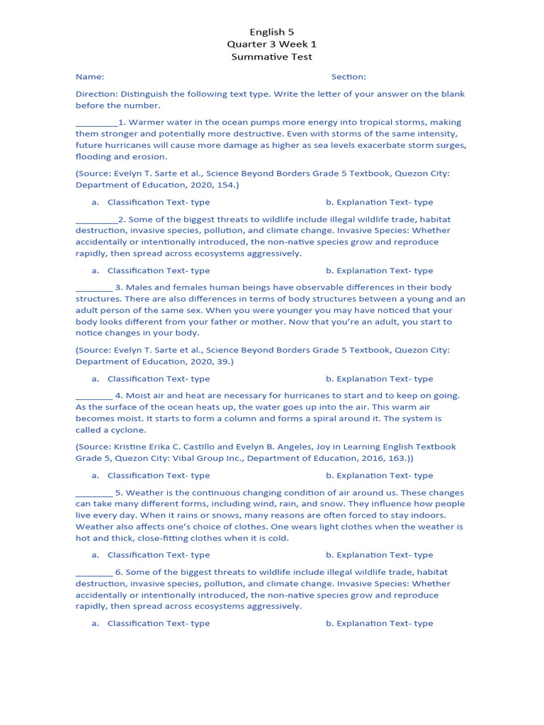 Grade 5 English Summative Test Guide | PDF | Cloud | Invasive Species