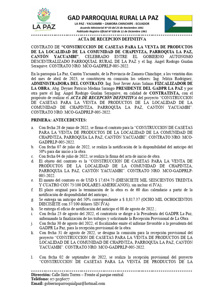 Acta de Recepcion Definitiva Cacetas Chapintza | PDF | Derecho privado Acta de Recepcion Definitiva Cacetas Chapintza | PDF | Derecho privado