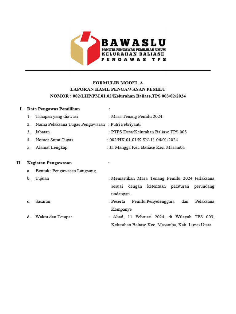 LHP Form A 11 Feb. 2024 Ptps 003 Putri | PDF
