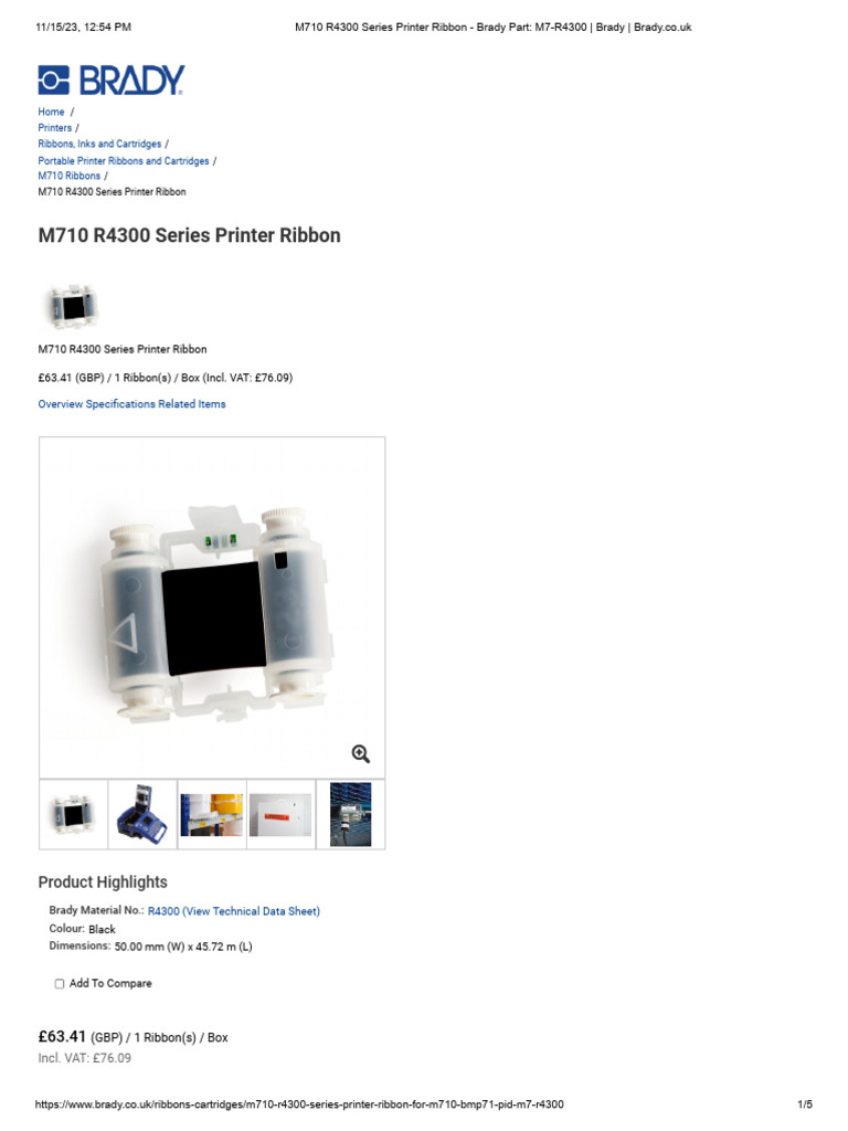 M710 R4300 Series Printer Ribbon - Brady Part - M7-R4300 - Brady ...