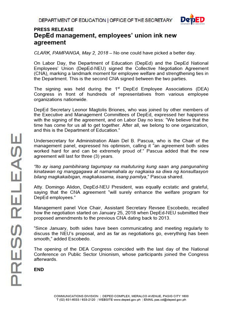 DepEd Press Release (DepEd Management, employeesGÇÖ Union Ink New ...