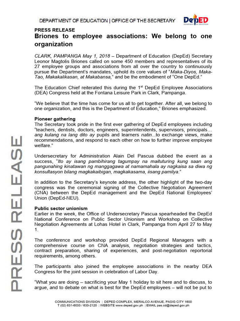 DepEd Press Release (Briones To Employee Associations - We Belong To ...