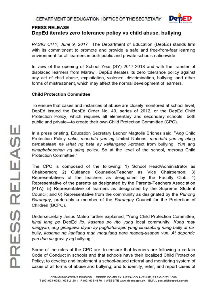 DepEd Press Release (DepEd Iterates Zero Tolerance Policy Vs Child ...