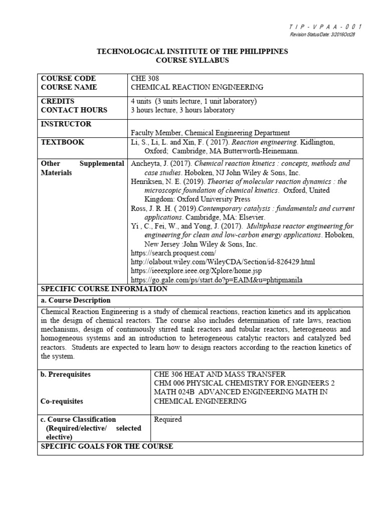 Che 308 Chemical Reaction Engineering | PDF | Chemical Reactor | Reaction Rate