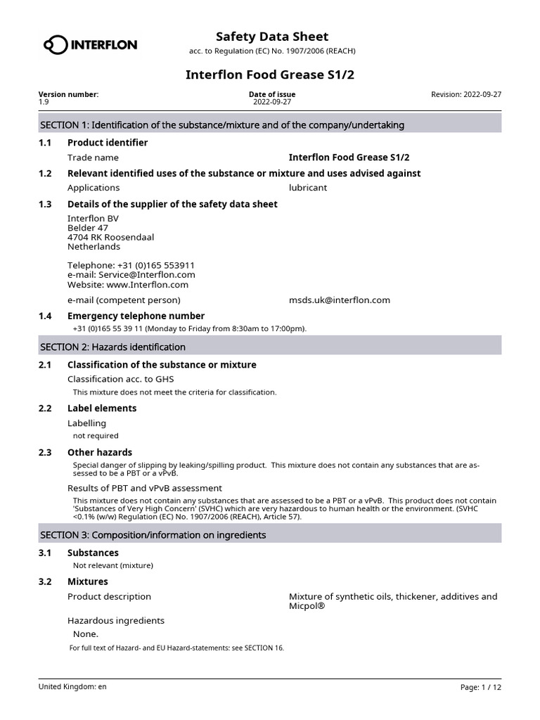 Verde - MSDSD - 9843 Sds GB en Interflon Food Grease s1 2 | PDF | Dangerous Goods | Toxicity