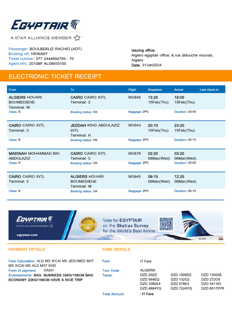 EgyptAir Electronic Ticket Receipt | PDF