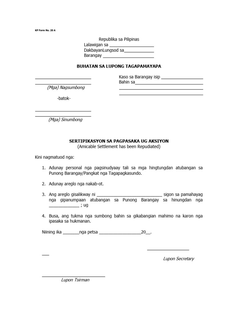 20 A KP Form CERTIFICATE TO FILE ACTION BY LUPON CHAIR SETTL | PDF