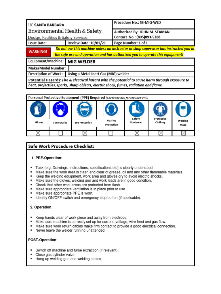 Shop Safety Safe Work Procedure MIG WELDER | PDF