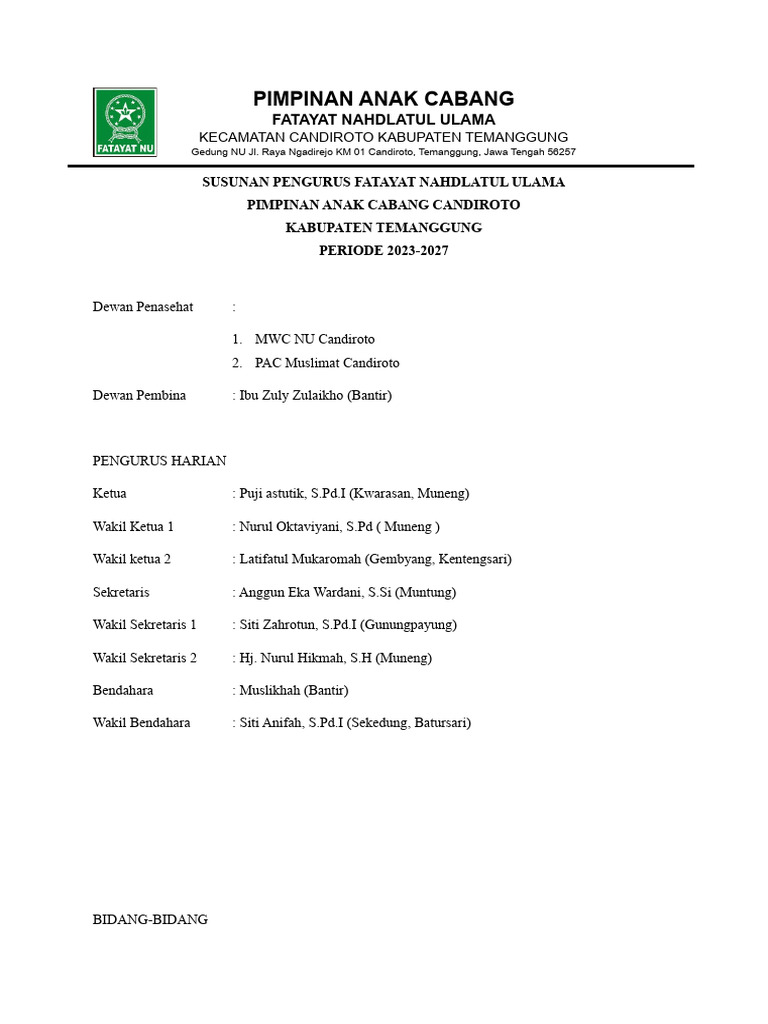 SUSUNAN PENGURUS PAC-F NU CANDIROTO 2023-2027 - Revisi | PDF | Pengembangan Diri