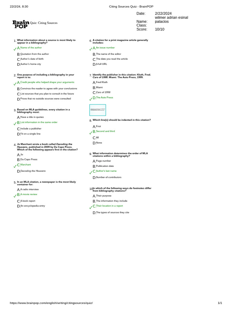 BrainPOP Citing Sources Quiz Results | PDF | Citation | Bibliography