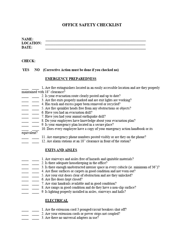 Office Safety Checklist | PDF | Stairs | Building Engineering