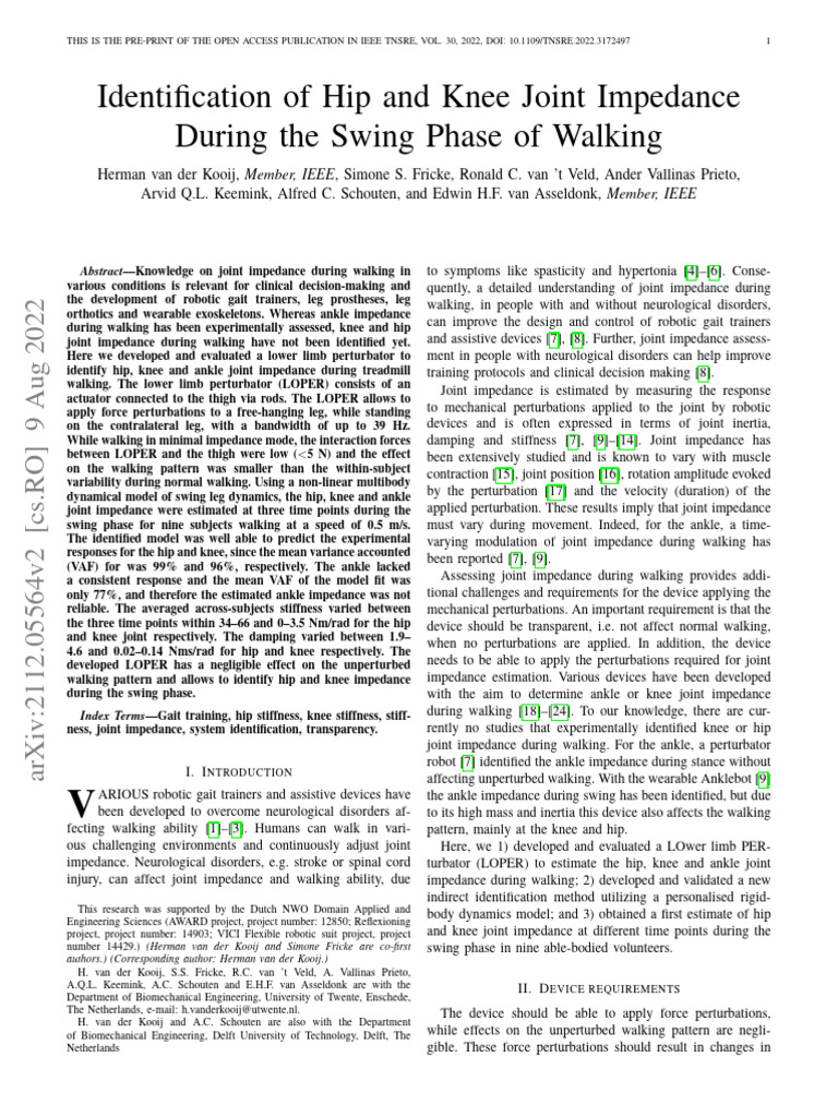 Identification of Hip and Knee Joint Impedance During The Swing Phase ...