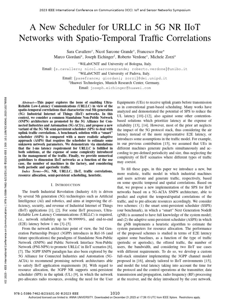 A New Scheduler For URLLC in 5G NR IIoT Networks With Spatio-Temporal Traffic Correlations | PDF ...