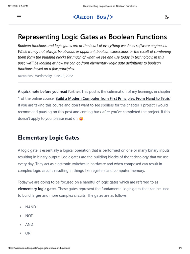 Representing Logic Gates As Boolean Functions | PDF | Logic Gate ...