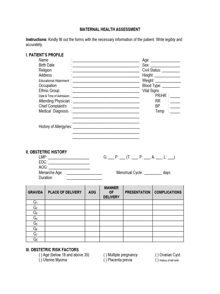 Maternal Health Assessment Form | PDF | Pregnancy | Health Sciences