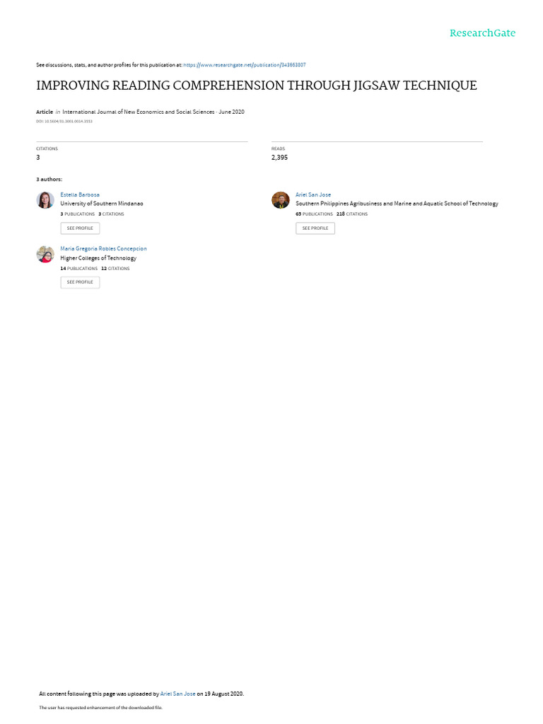 Improving Reading Comprehensionthrough Jigsaw Technique | PDF | Reading Comprehension | Focus Group