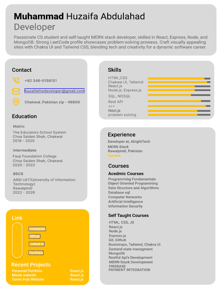 Muhammad Huzaifa Abdulahad Developer: Skills Contact | PDF | Software Engineering | Computer ...