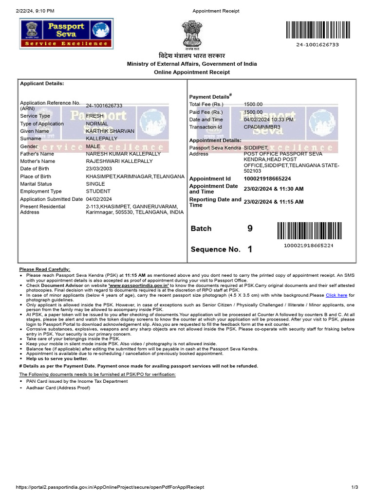 Karthik Appointment Receipt | PDF | Government