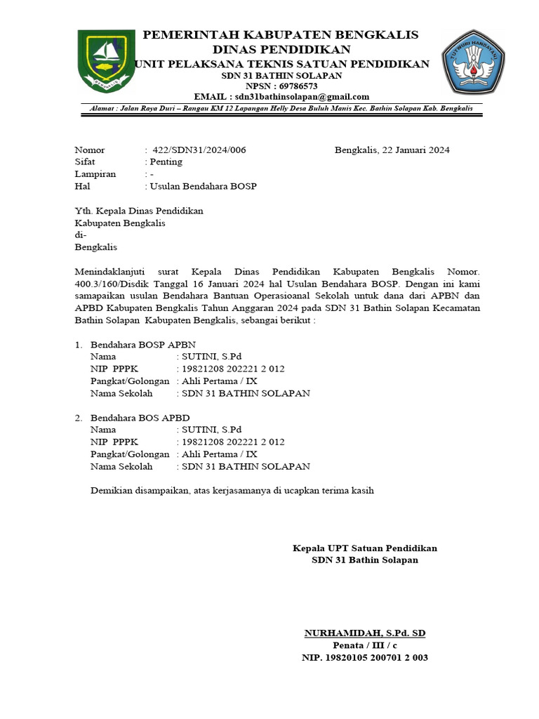 Format Usulan Bendahara Bos 2024-1 | PDF