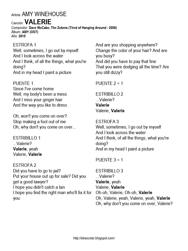 Amy Winehouse's "Valerie" Lyrics | PDF