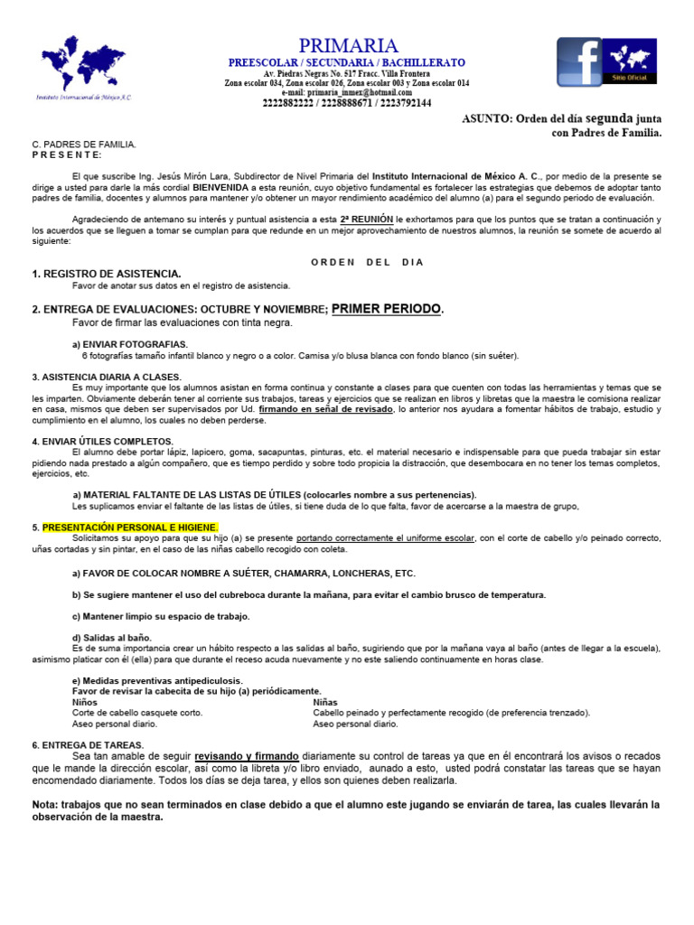 Orden Del Dia Segunda Junta Con Padres de Familia 01 - Diciembre 1ro y ...